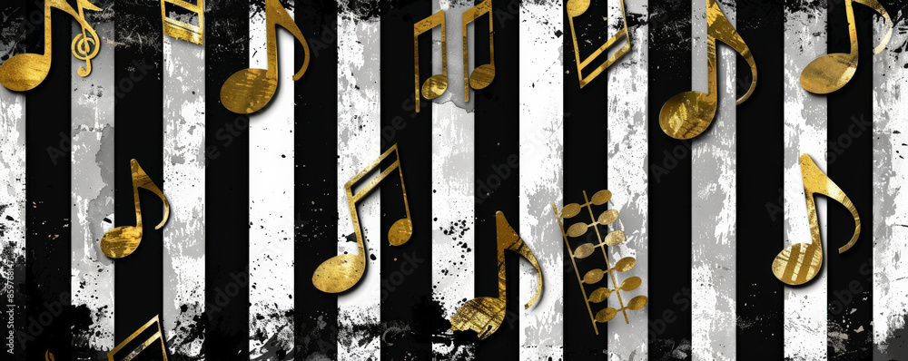 Elegant jazz music background with black and white stripes and gold ...