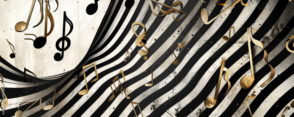 Elegant jazz music background with black and white stripes and gold ...