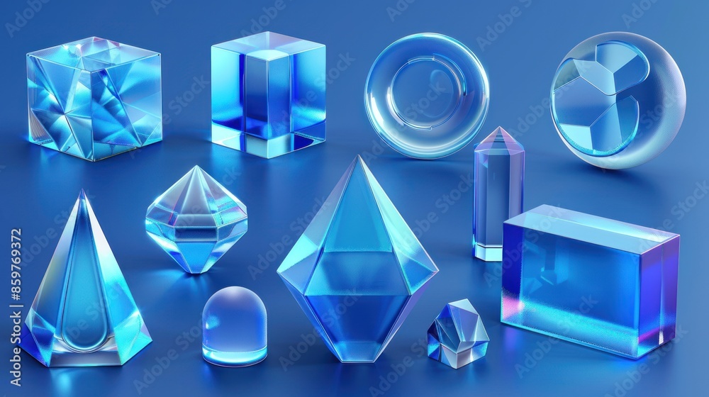 A collection of blue glass shapes and cubes. The shapes are all ...