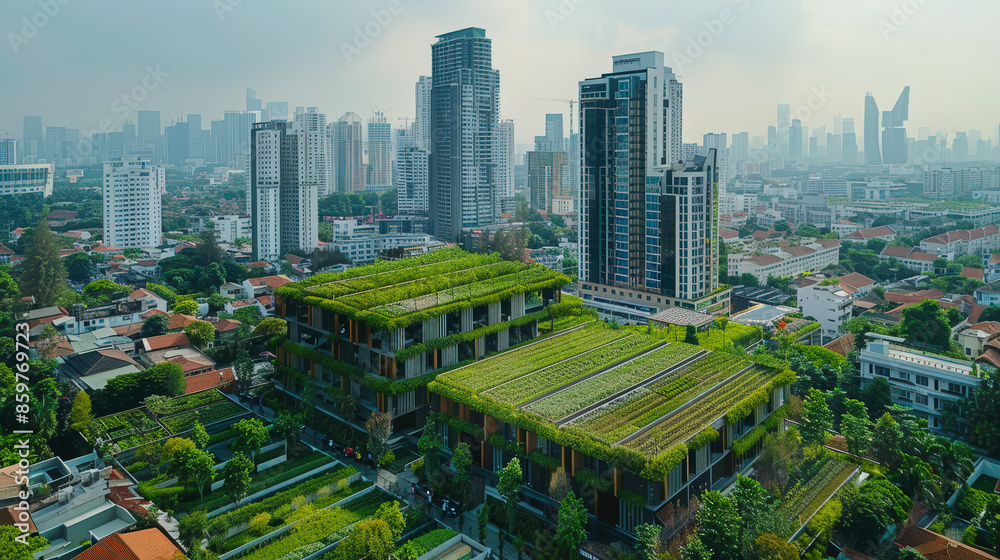 Urban skyline featuring high-rise buildings and a unique, greenery ...