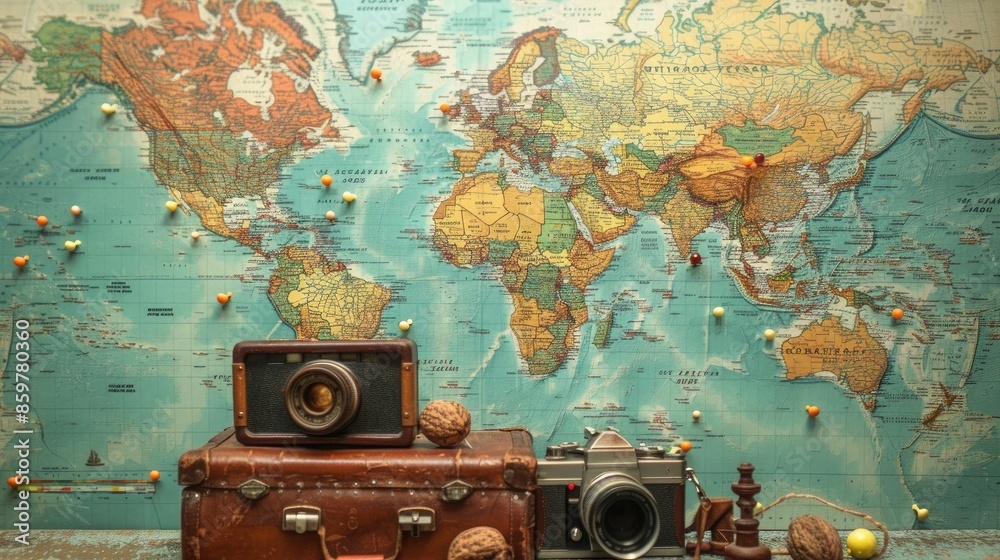 Vintage Travel Poster: A world map with pins marking different ...