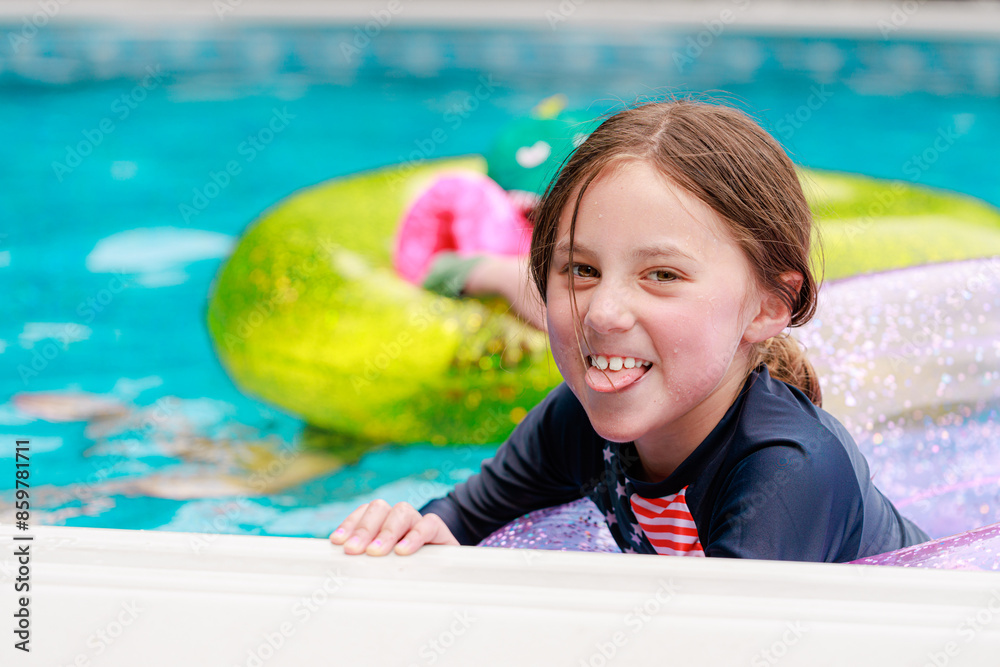 Young Girl Child kid Smiling, Swimming Pool water, silly smiling tongue ...