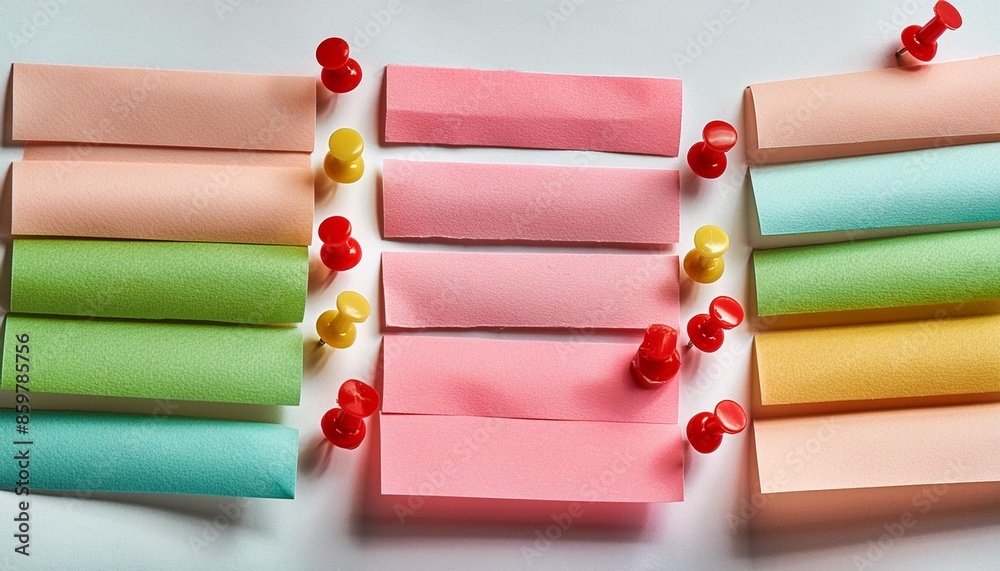 various colors pink oblong sticky post it note pushpin isolated ...