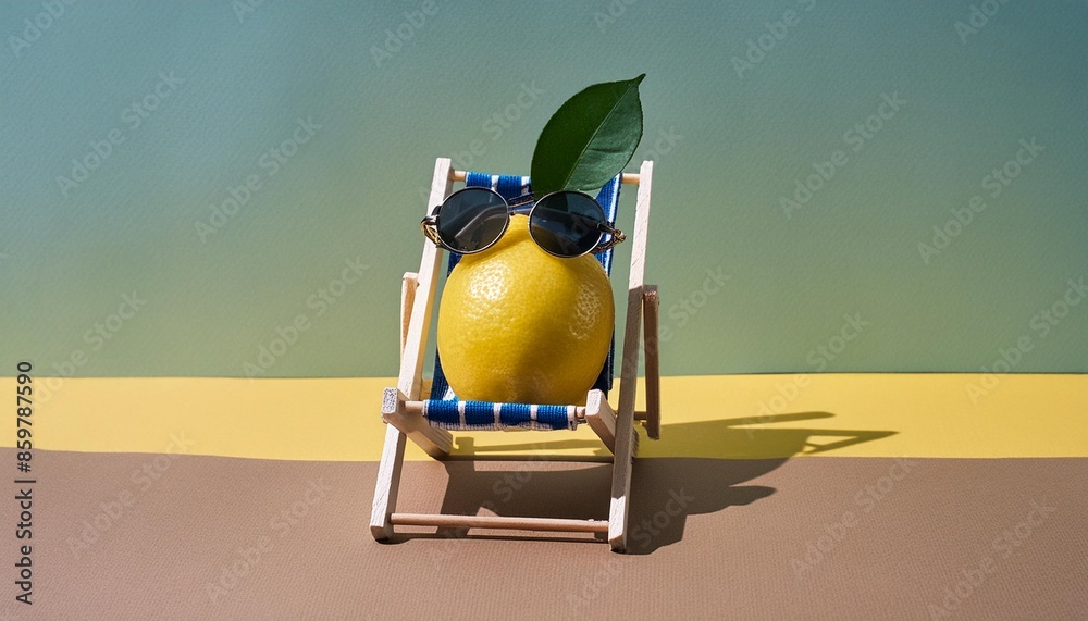 lemon fruit chilling in beach chair on the blue and yellow background ...