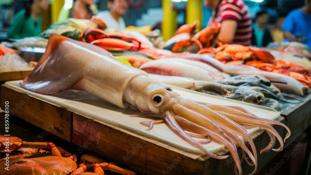 freshly caught squid at a wet market, highlighting their natural sheen ...