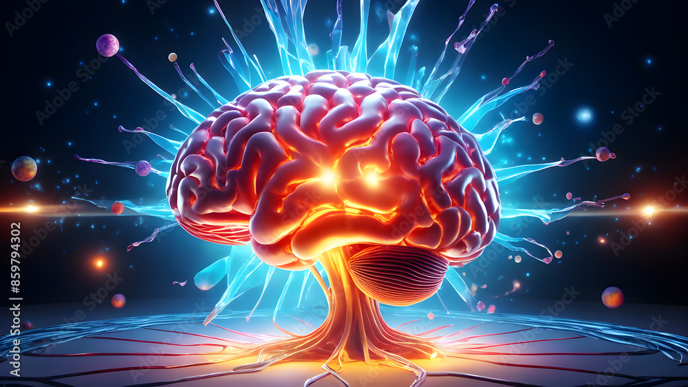 Create a detailed and vibrant concept art of a human brain exploding ...