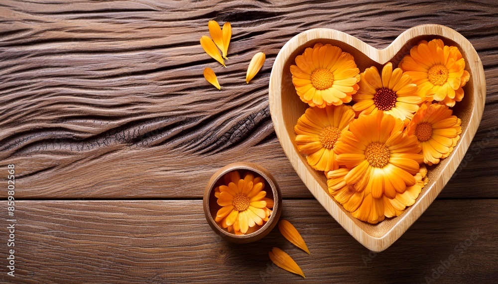 calendula heart marigold flower bud htop view on wooden background ...