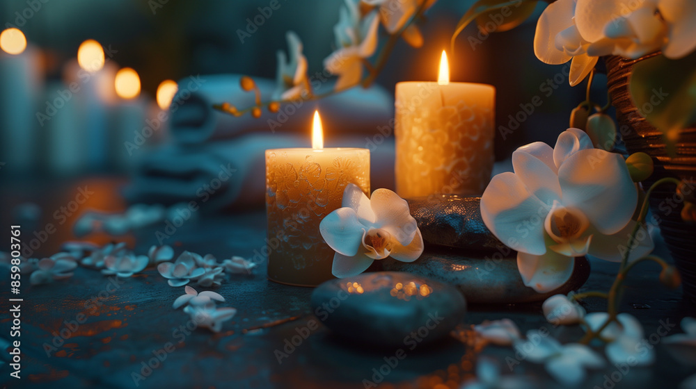 Candles and various spa products taken close-up, Flower pots and spa ...