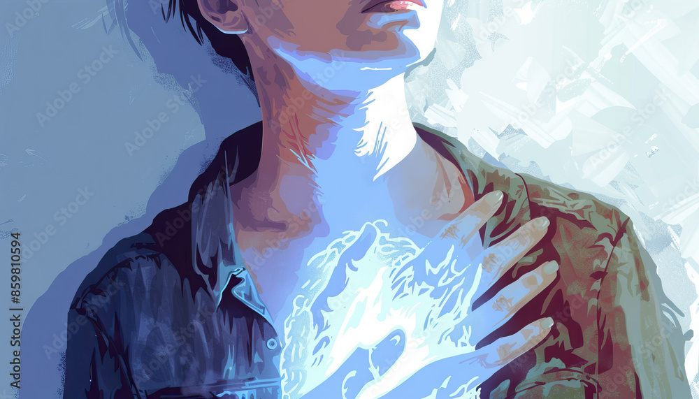 Terror is the icy hand that grips the heart: Depict a person clutching ...