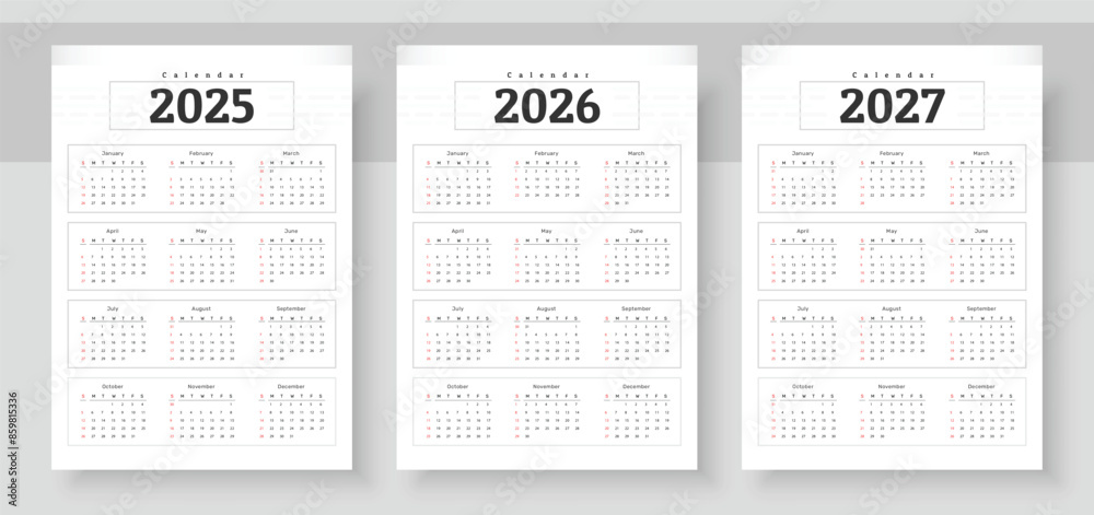 Simple english calendar 2025, 2026 and 2027. The week starts on Sunday ...
