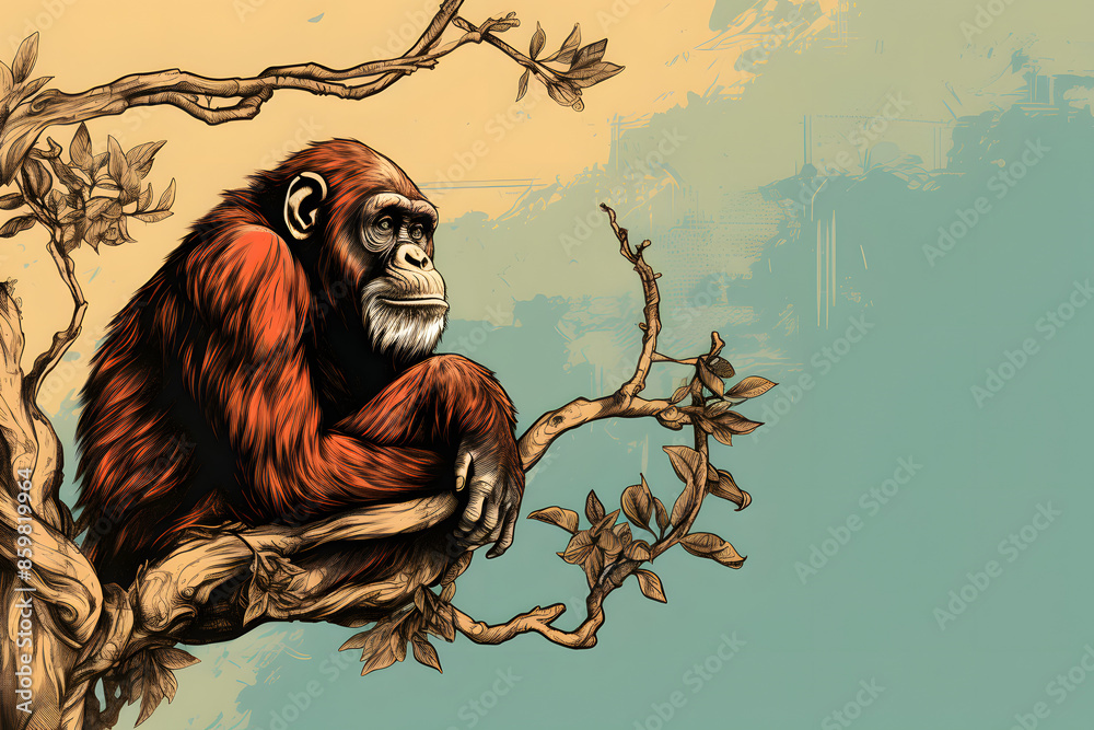 vintage style illustrated ape on a stick, ape illustration, ape in the ...