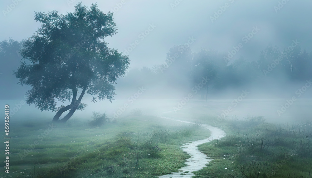Distance is the fog that obscures love's path: Visualize a foggy landscape with a winding path ...