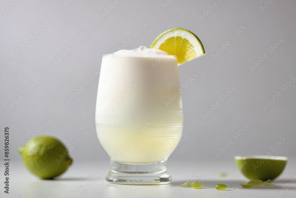 Cocktail: A side view of a Pisco Sour in a clear glass, highlighting ...