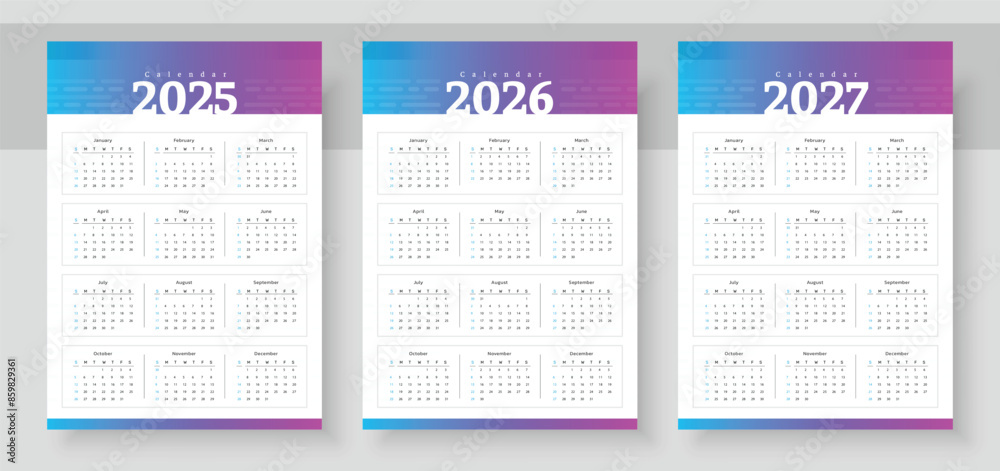 2025, 2026 and 2027 calendar set. The week starts on Sunday. Simple ...