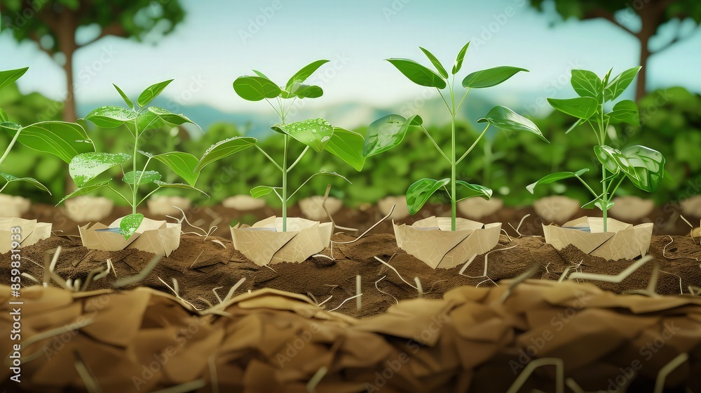 A detailed background showing a garden where plants grow from paper ...