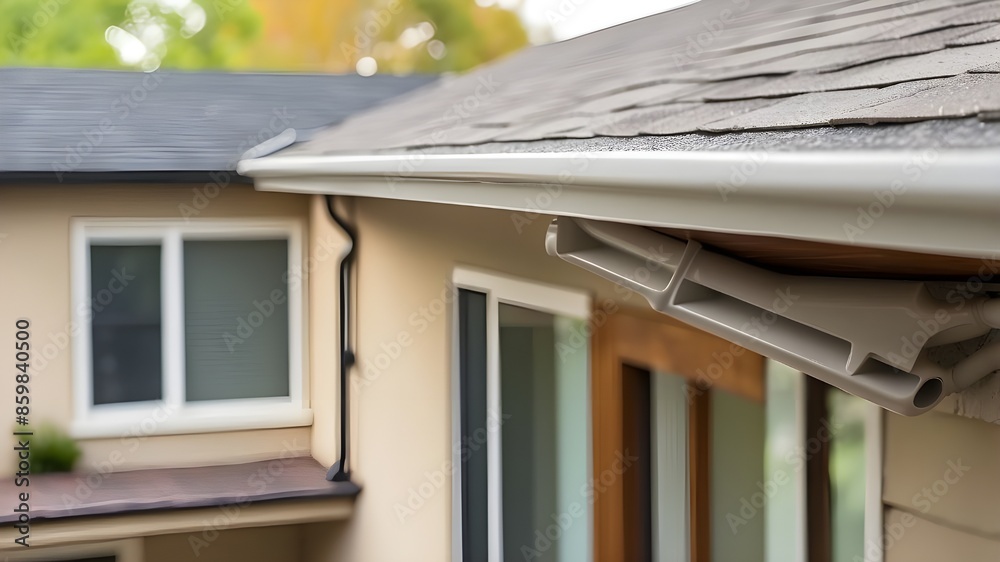 Newly installed gutter downspout in a modern home. Professional photo with copy space and ...