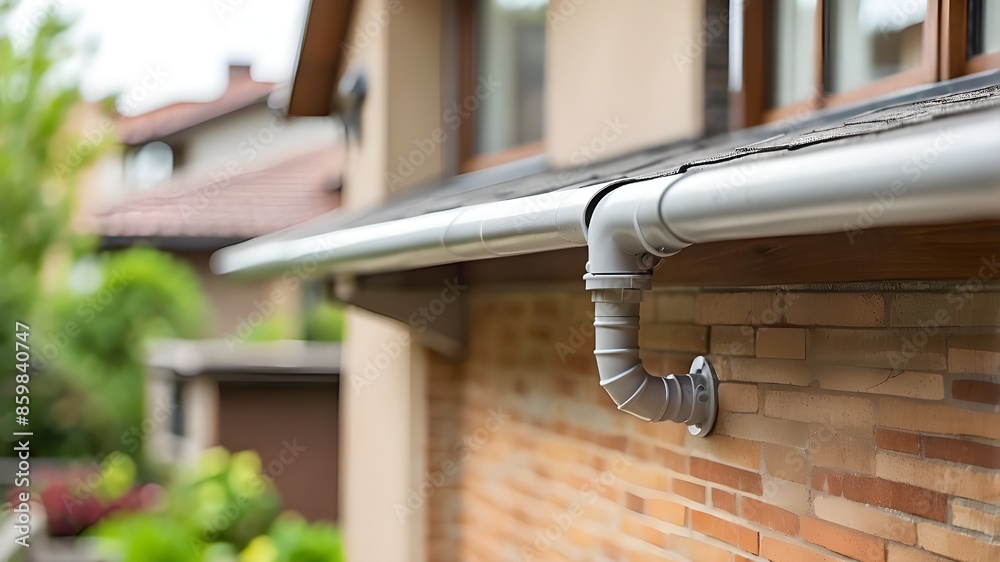 Newly installed gutter downspout in a modern home. Professional photo ...