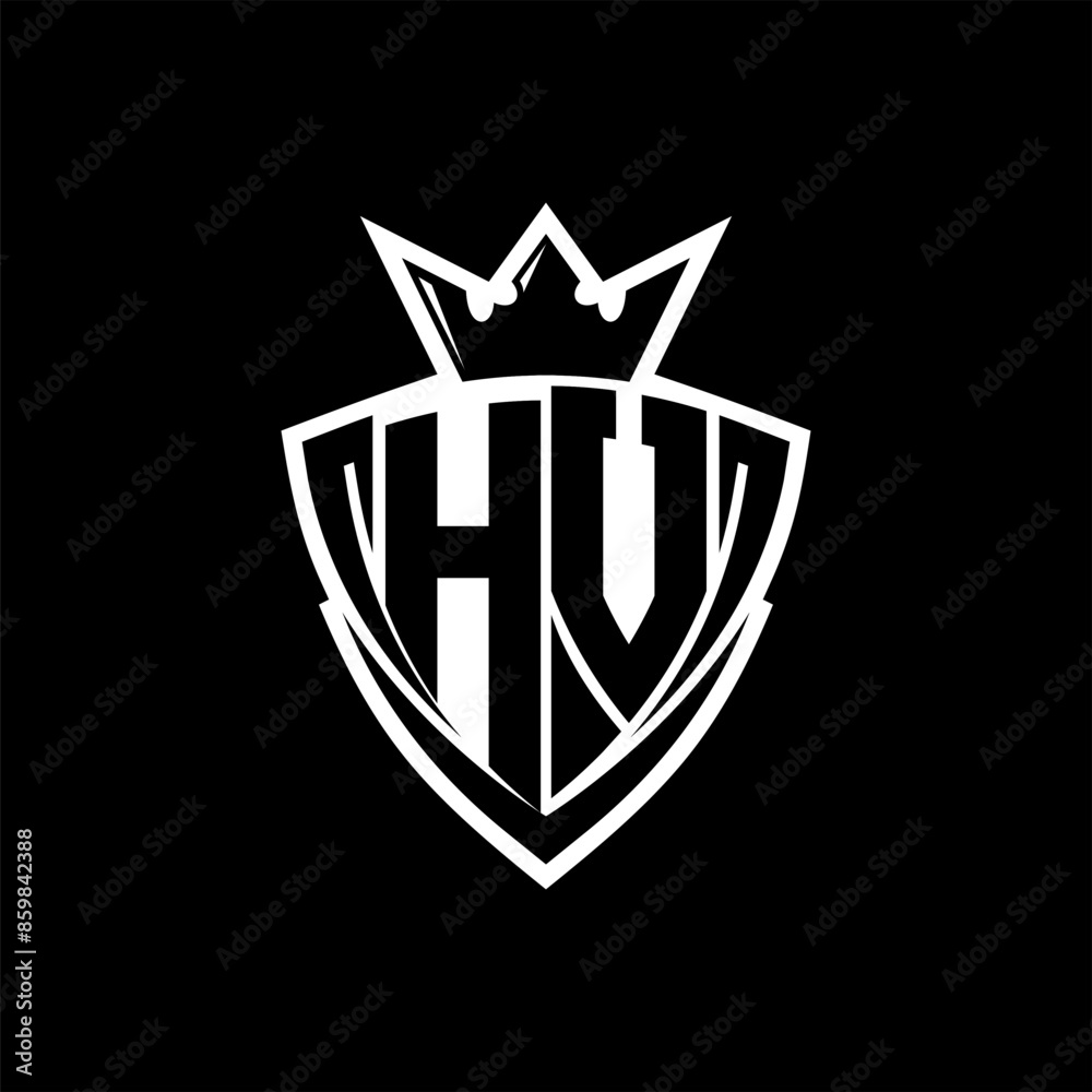 HV Letter logo with sharp triangle shield shape with crown inside white ...