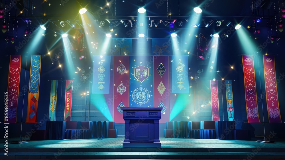 A graduation party stage with a grand podium, spotlights shining on a ...