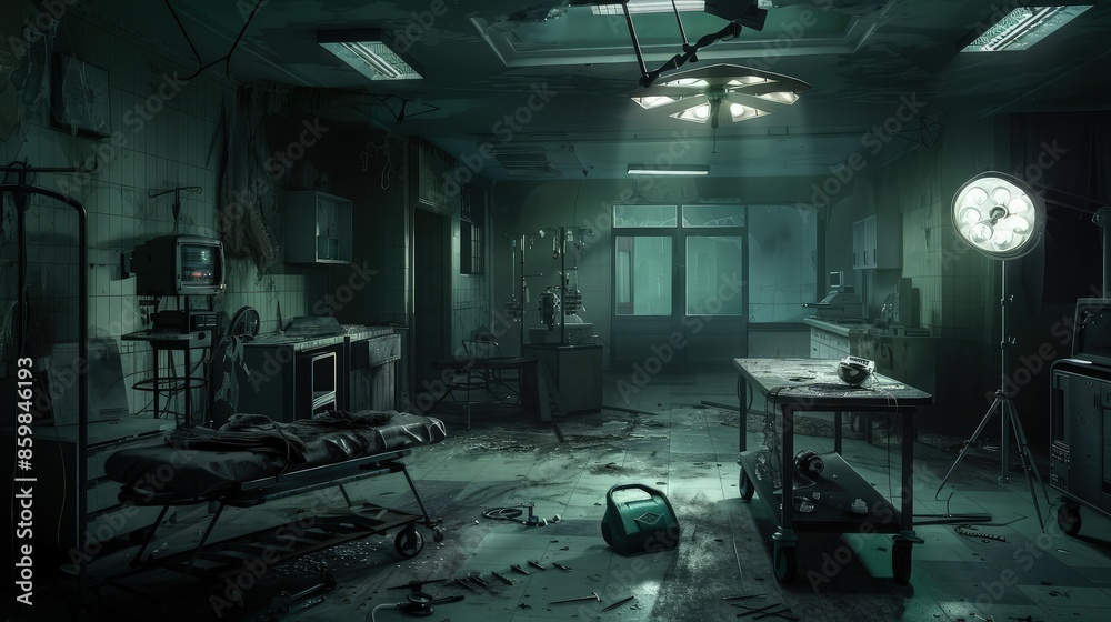 A horror film set designed as an eerie abandoned hospital, with dim ...