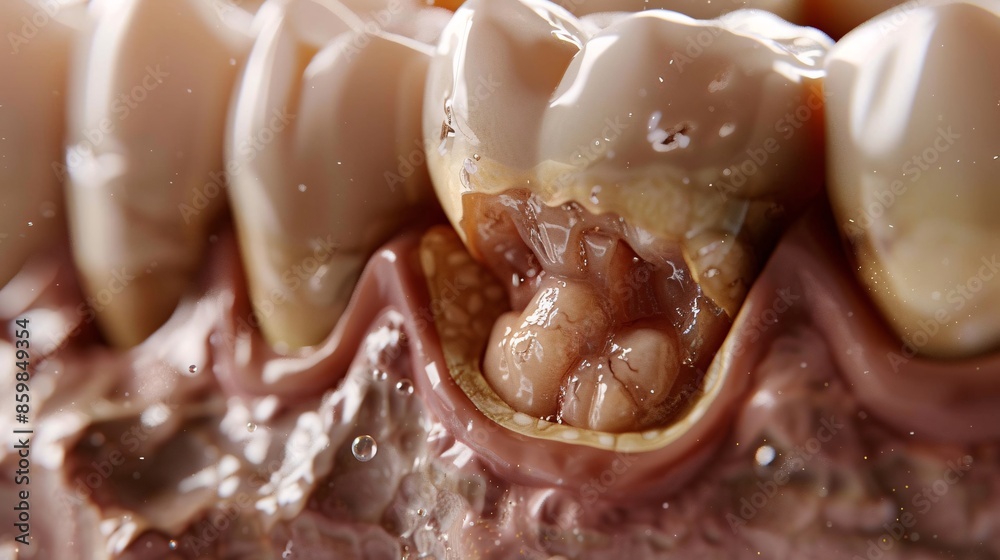 Dental anatomy showing a severely decayed tooth with a root abscess ...