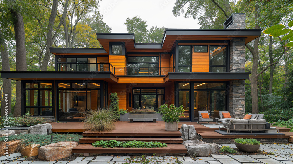 A modern two-story cottage with large windows, wooden cladding and ...
