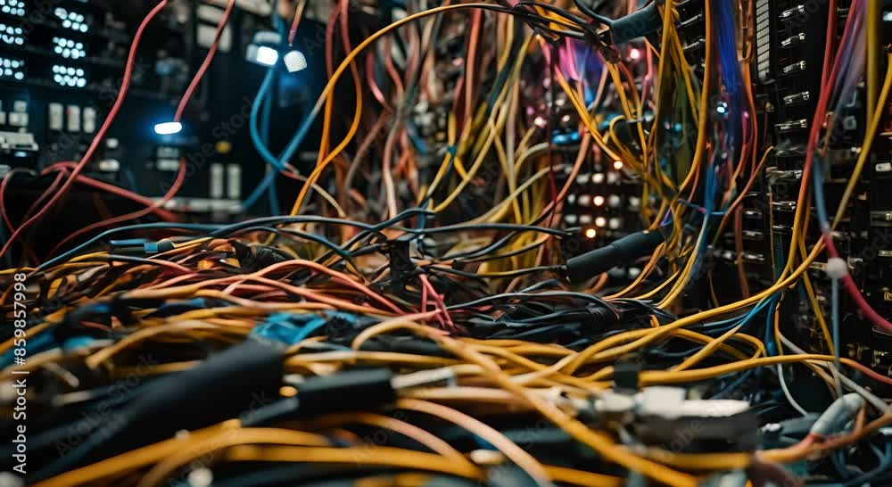 A room with lots of tangled wires and connectors. A chaotic and ...