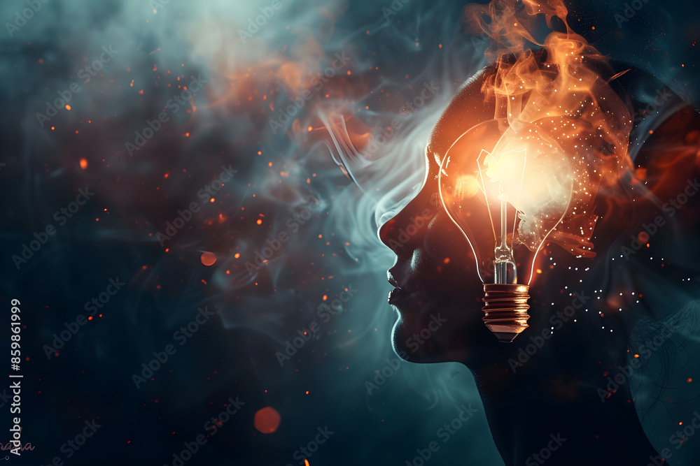 A conceptual image of a person’s head with a lightbulb or a spark ...