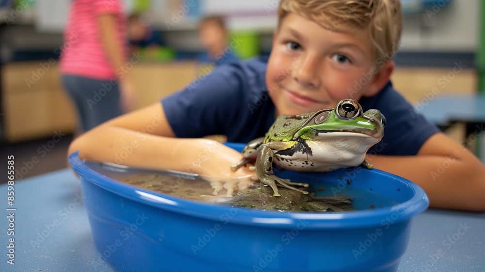 Back to School: Kid with a Pet Frog in a Blue Container, Classroom ...