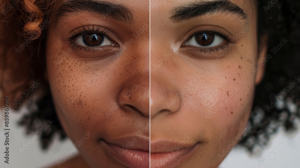 Close-up portrait of a woman's face split in half, showing the ...