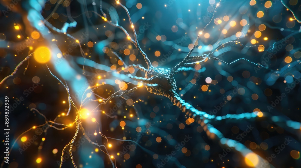 Close-up view of a neural synapse with electrical impulses in a vibrant ...