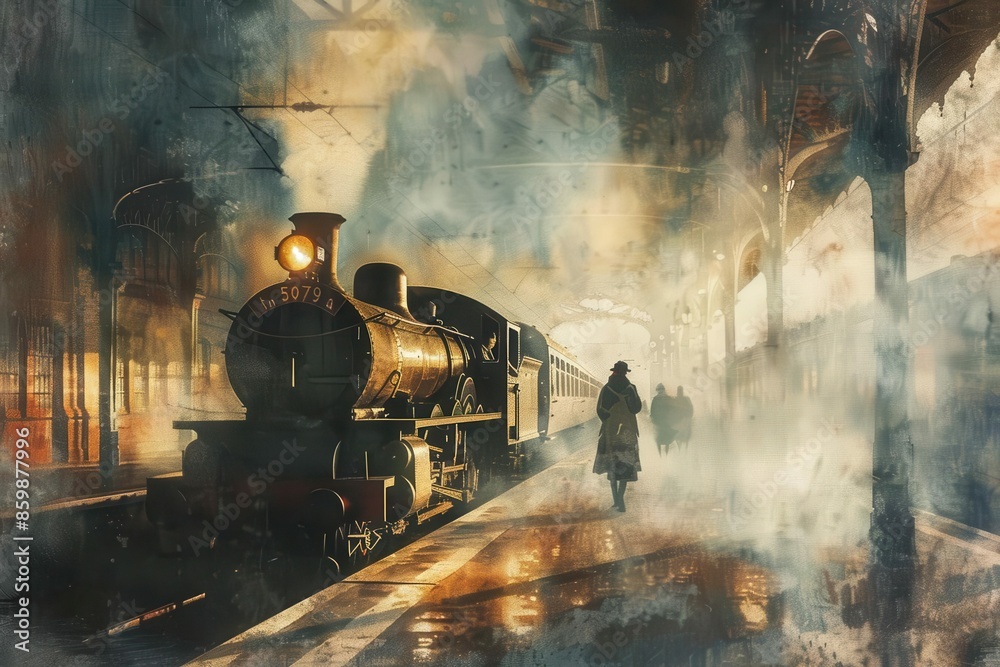 steamy vintage train station atmospheric scene of 1920s railway ...