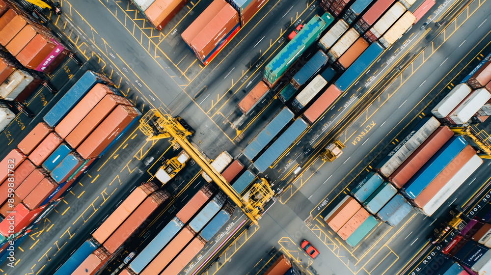 Bustling logistics center with rows of shipping containers and trucks ...