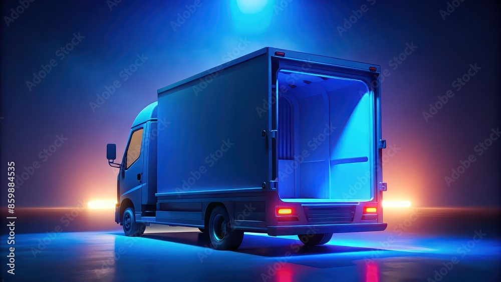 Empty blue logistics truck with open rear doors , logistics ...