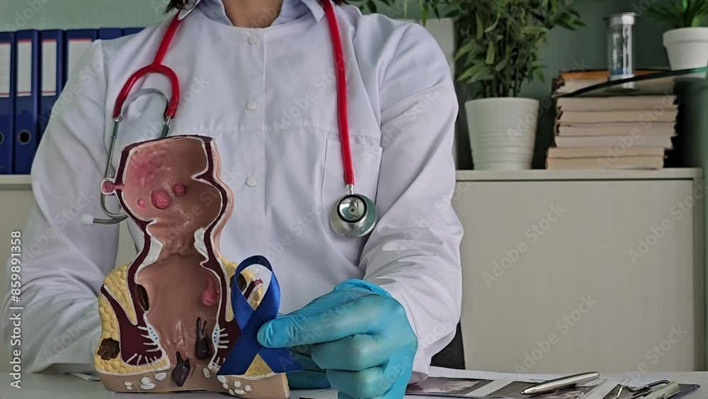 A doctor, wearing a white coat and stethoscope, is holding a model of ...