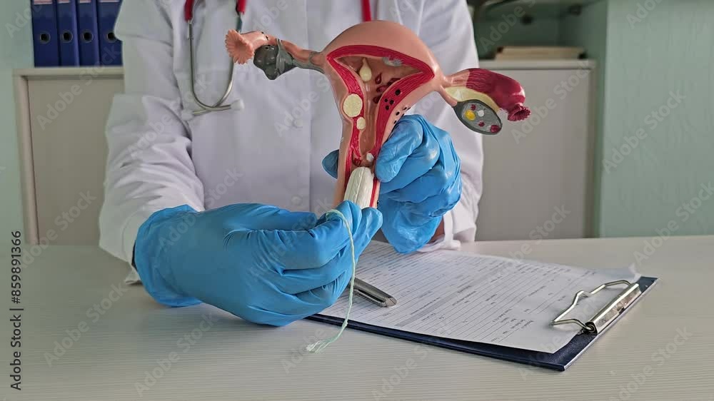 gynecologist demonstrates model of female reproductive system and ...
