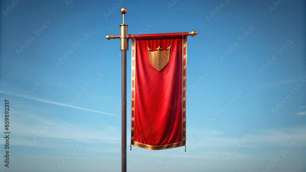 red medieval flag hanging vertically on a blank pole, game design ...