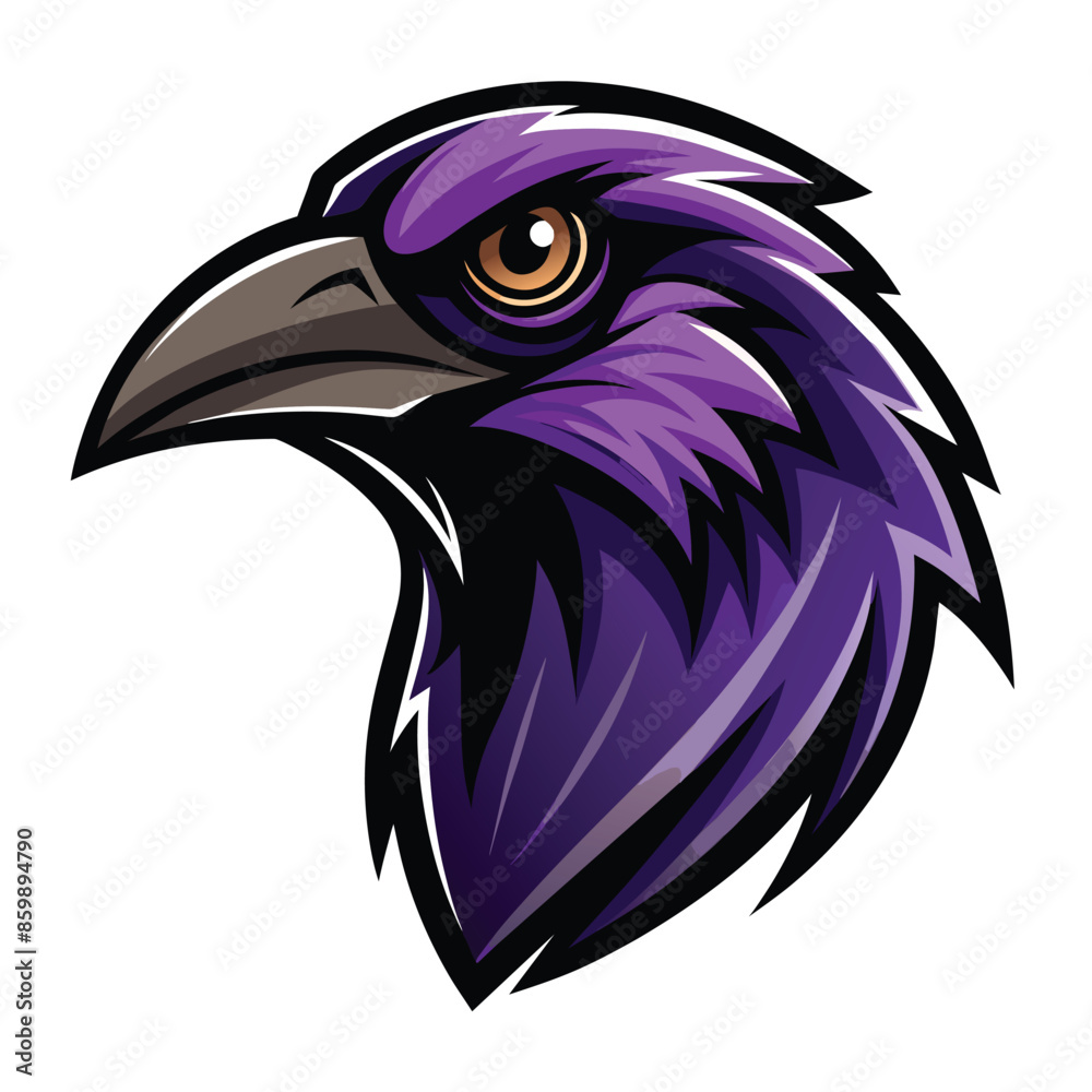 This is a digital illustration of a purple raven head, drawn in a ...