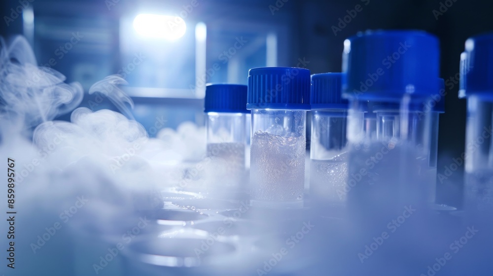 Vial with dry ice for cryopreservation. Cryosample of stem cells in ...