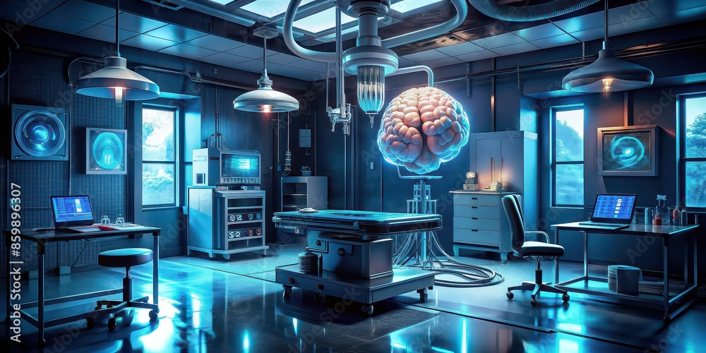 of a cyberpunk lab with brain surgery equipment , cyberpunk, lab, brain ...