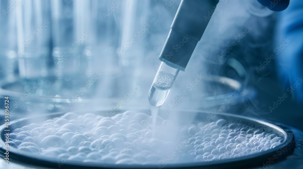 Vial with dry ice for cryopreservation. Cryosample of stem cells in ...