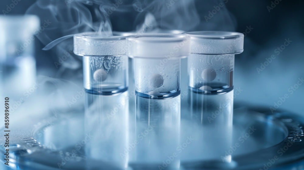Vial with dry ice for cryopreservation. Cryosample of stem cells in ...