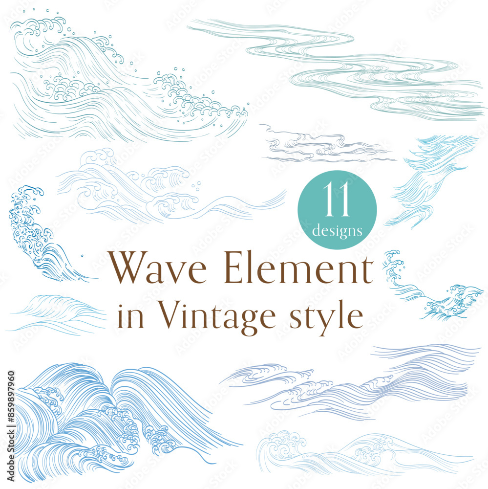 Set of blue hand drawn wave elements vector. Natural art background ...
