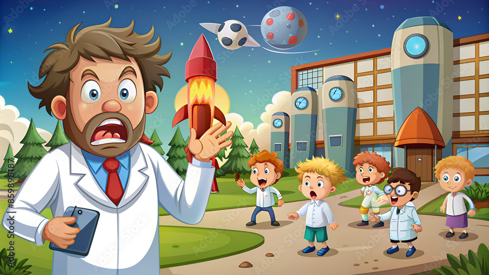 Scared people looking at crazy scientist in school yard. Vector cartoon ...