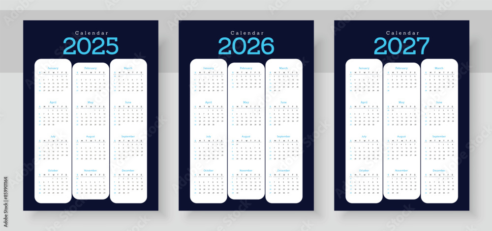 Calendar 2025, calendar 2026 and calendar 2027. Week start Sunday ...