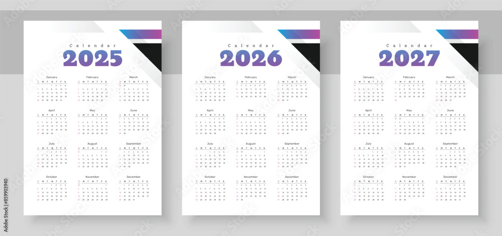 Calendar 2025, calendar 2026 and calendar 2027. The week starts on ...