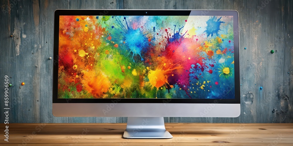 Computer screen with digital technology effects and paint splashes ...