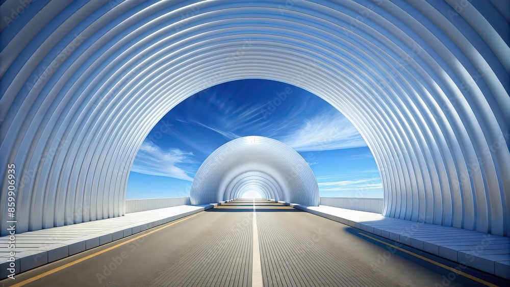 ภาพประกอบสต็อก Large white curved tunnel under blue sky, tunnel ...