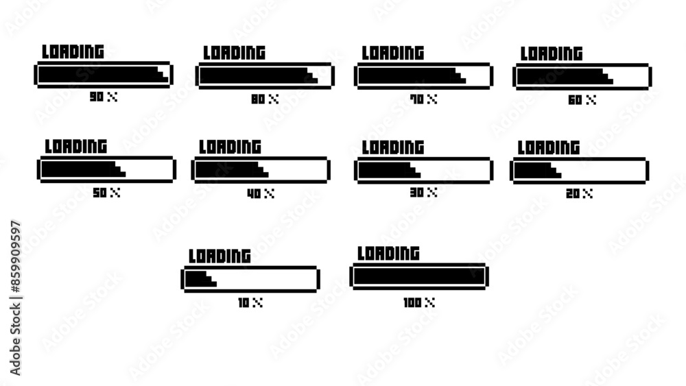 Pixel art 8-bit loading bar concept. Loading icons set.Load bar collection. loading icons on ...