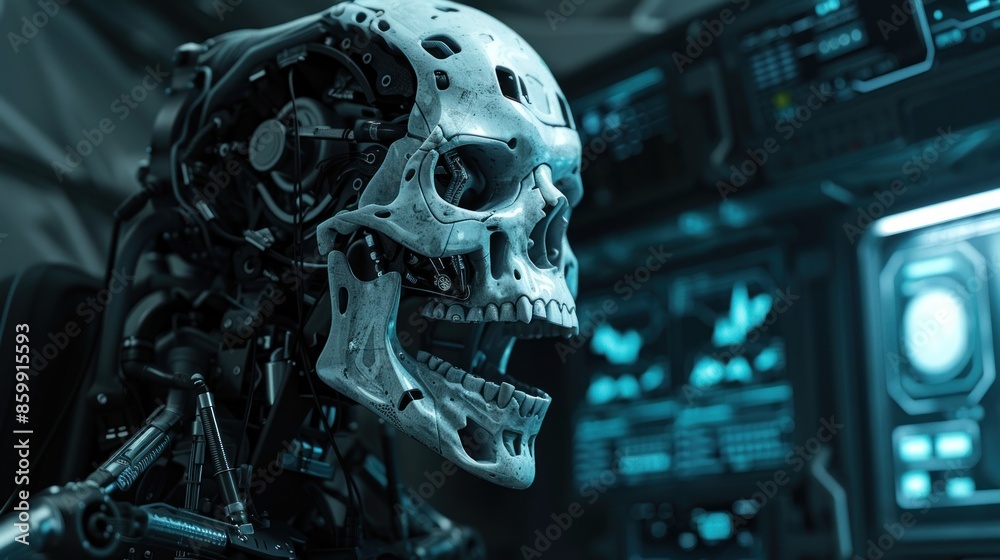 Skull steel head robot is opening its mouth Background wallpaper AI ...